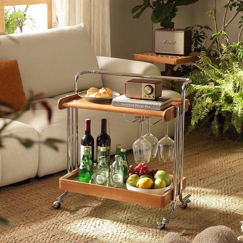 Vintage 2-Tier Mobile Storage Rack Cart & Bar Cart with Wheels, Wood ...