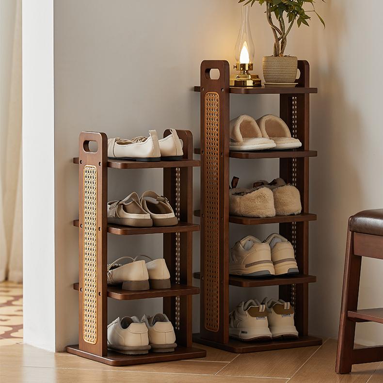 4-Layer & 5-Layer Solid Wood & Rattan Narrow Shoe Rack, Vertical Multi ...