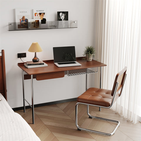 Mid-Century Solid Wood Metal Computer Desk with Drawer, Bedroom Writing ...