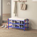 Blue Metal Shoe Storage Bench with PU Leather Cushion, 2-Tier Shoe Rack ...