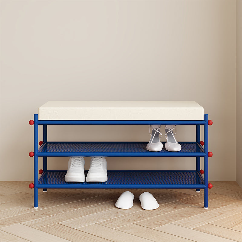 Blue Metal Shoe Storage Bench with PU Leather Cushion, 2-Tier Shoe Rack ...