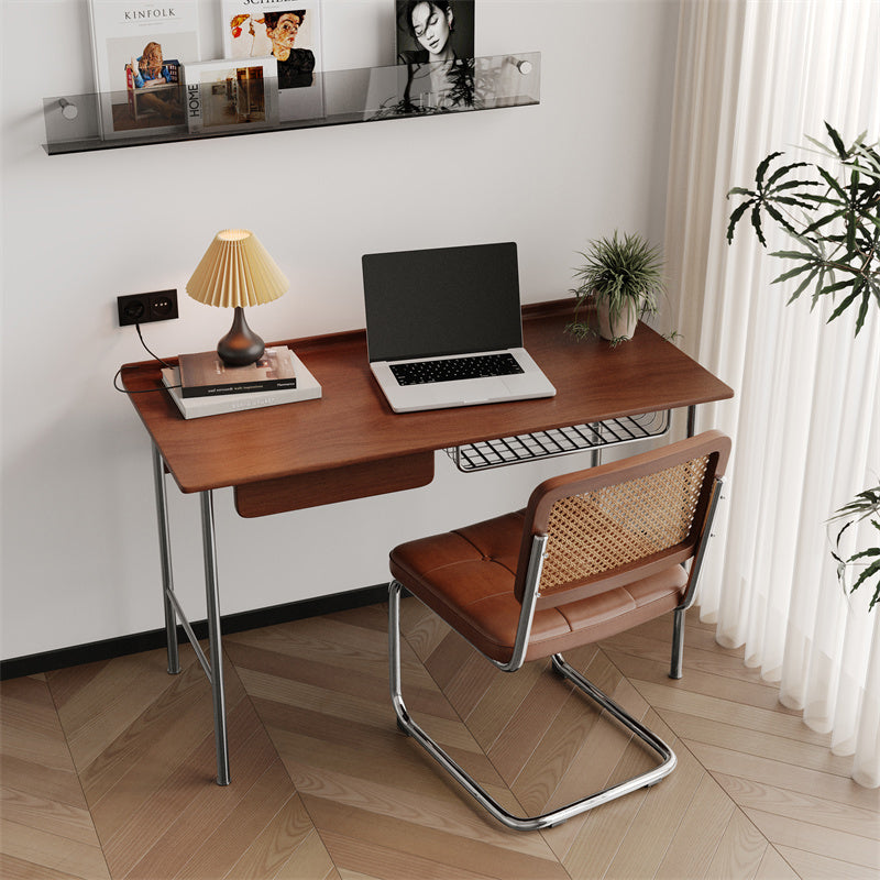 Mid-Century Solid Wood Metal Computer Desk with Drawer, Bedroom Writing ...