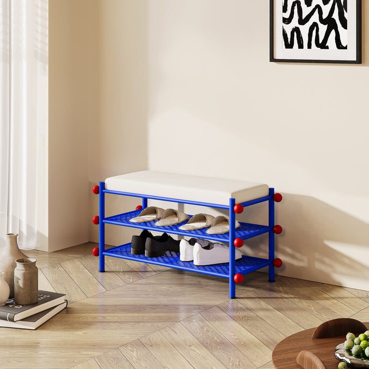 Blue Metal Shoe Storage Bench with PU Leather Cushion, 2-Tier Shoe Rack ...